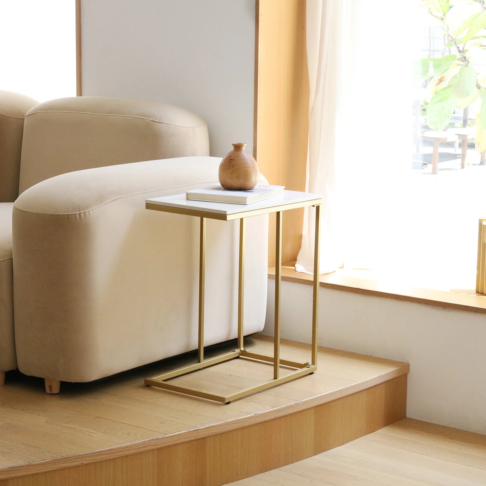 Sintered Stone C Shaped Snack Table, Rectangle End Side Table Slide Un ...